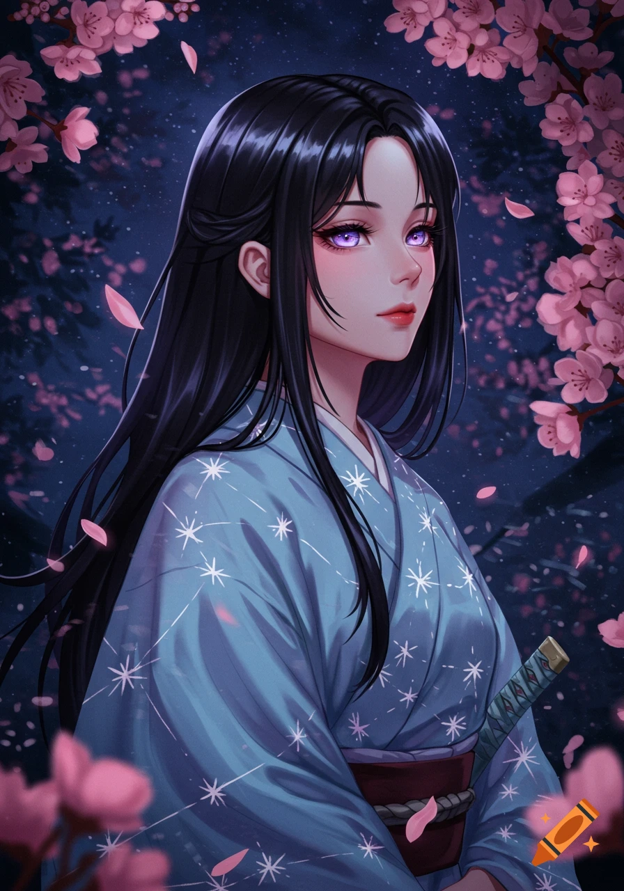 An anime female Uchiha character with long black hair and purple eyes ...