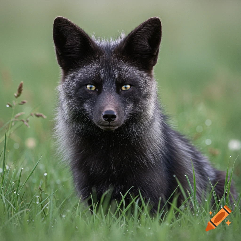 A close-up, photorealistic shot of a black fox with silver fur on its ...