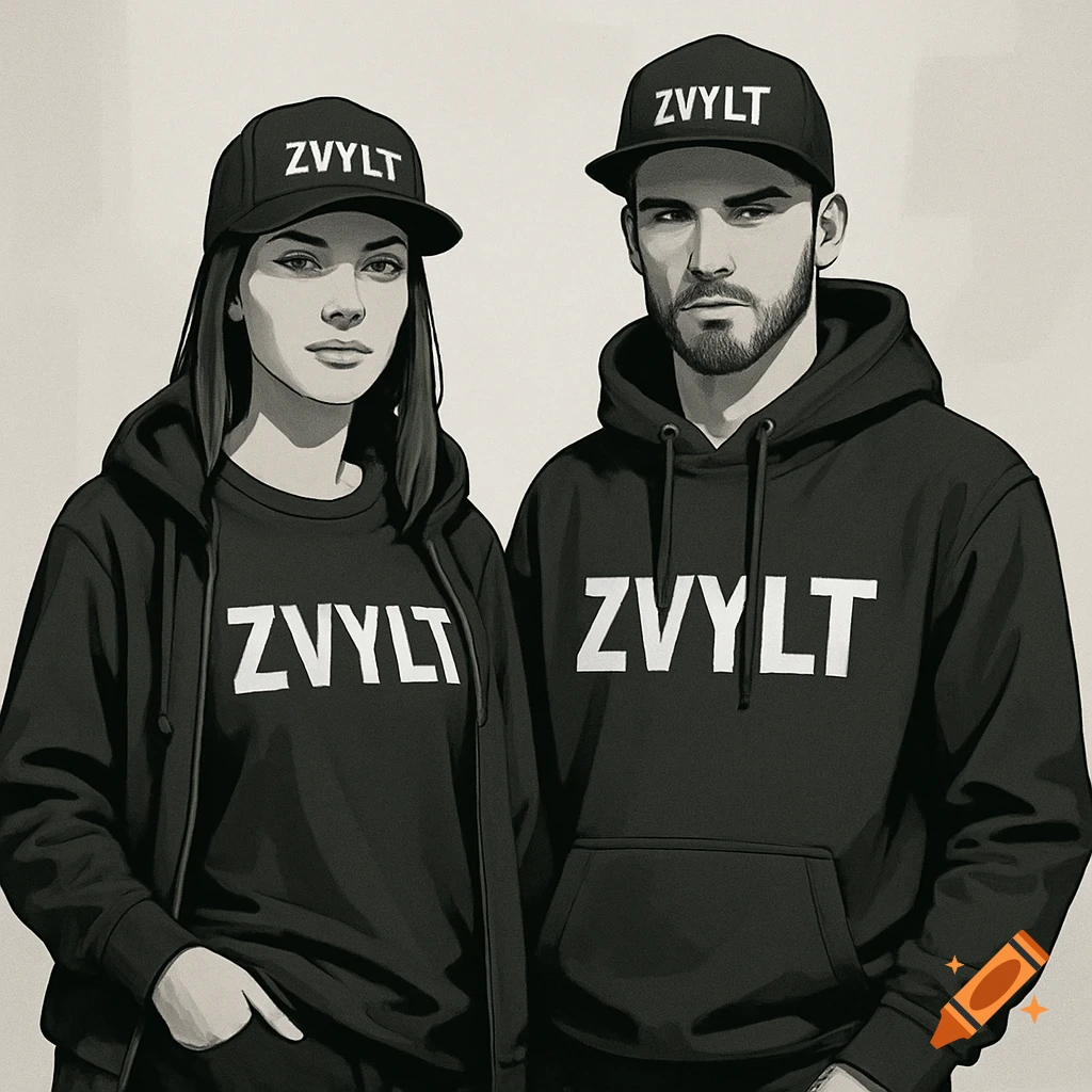 A man and woman in black hoodies and caps with "ZVYLT" logos, standing ...