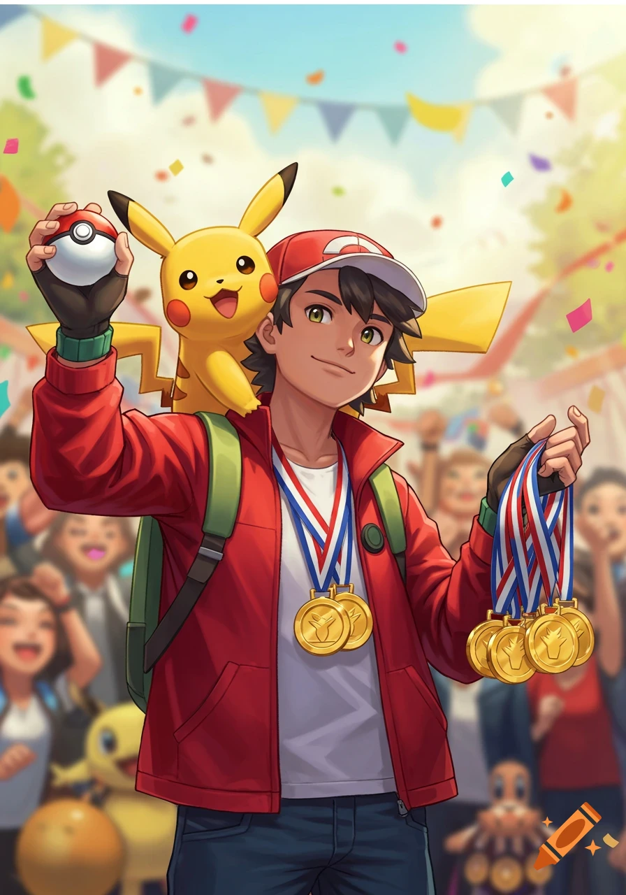 Anime-style Pokemon trainer holding a Pokeball and multiple gold medals ...