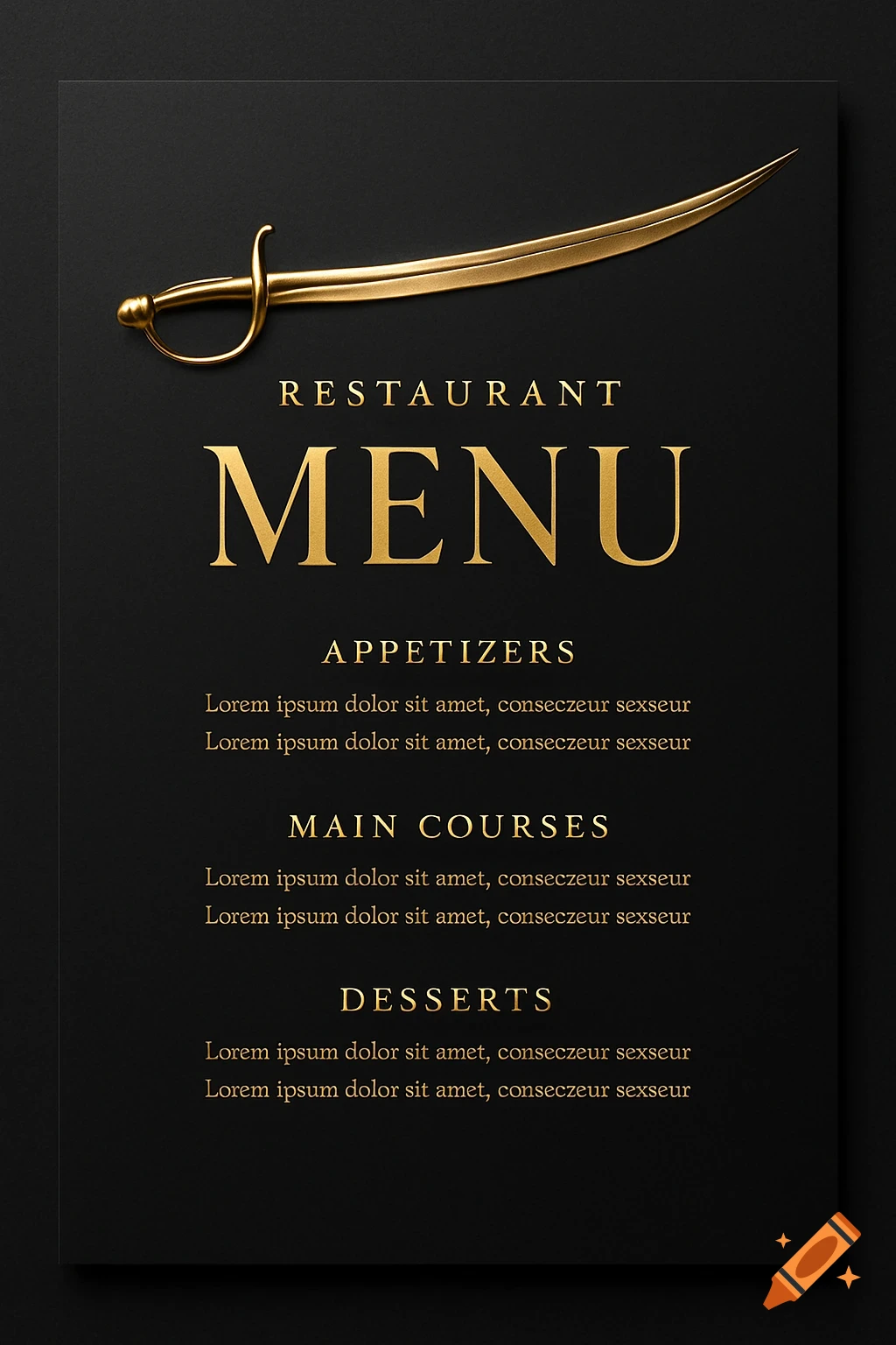 Elegant black restaurant menu with golden text and a golden saber ...