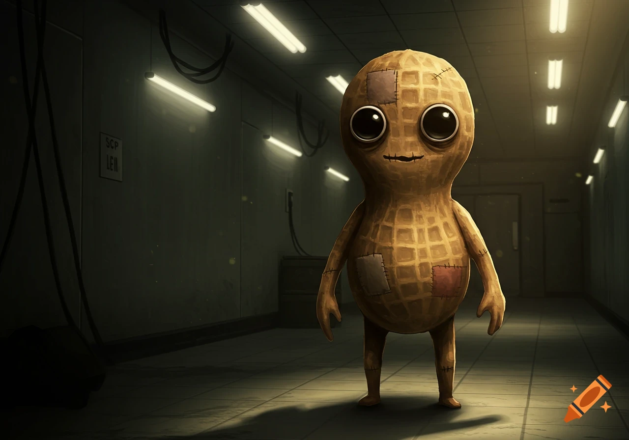 A creepy cute peanut character with big black eyes and a stitched body ...