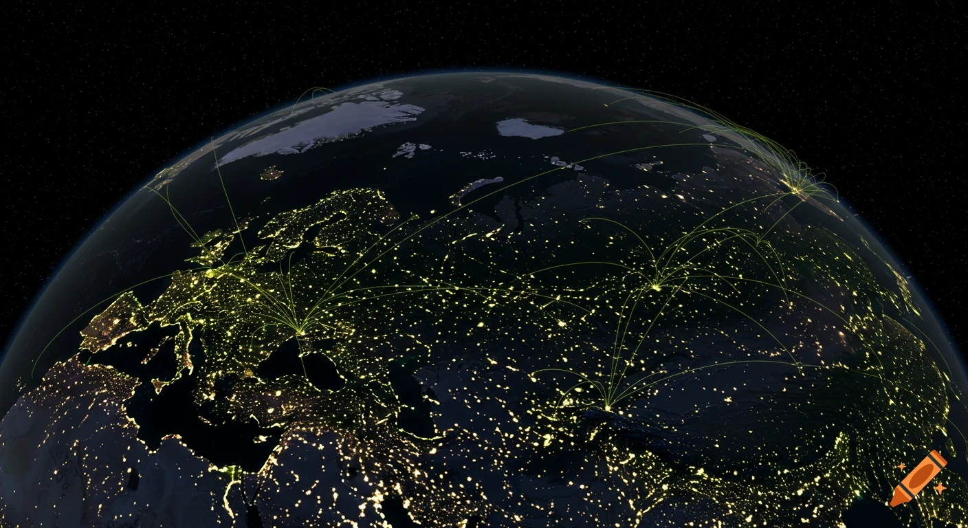 Detailed satellite view of Earth at night, showing city lights across ...