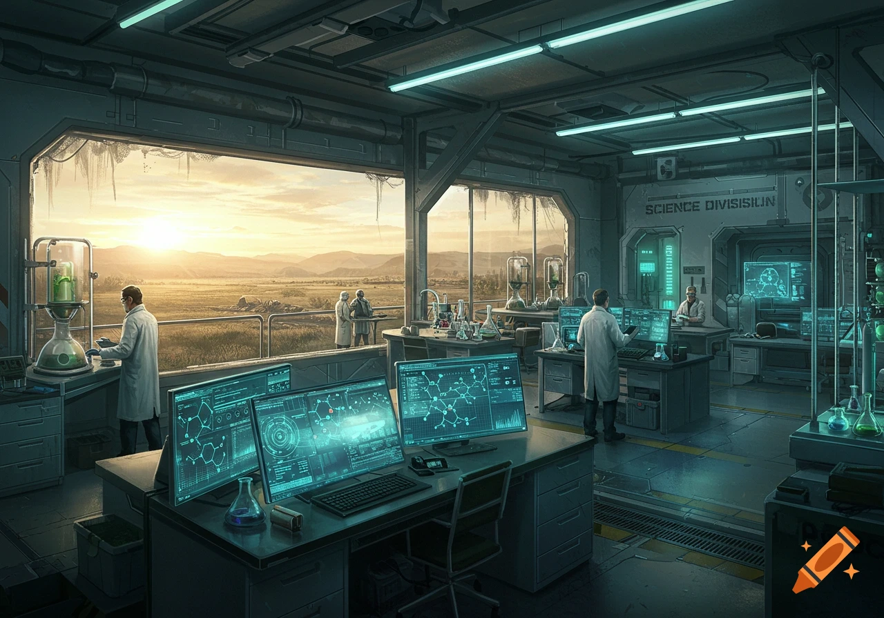 A futuristic science laboratory with scientists working at desks with ...