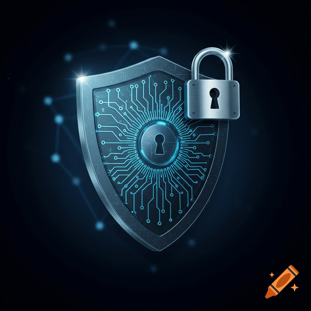 A metallic shield with glowing blue circuit board patterns and a silver ...