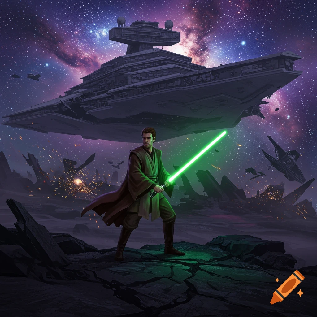 A Jedi in robes holds a green lightsaber on a rocky alien planet, with ...