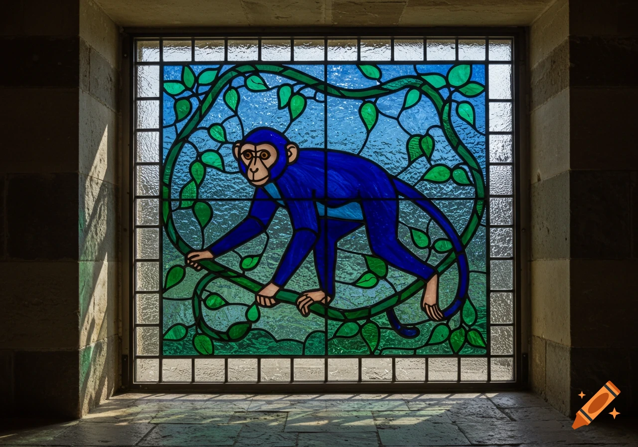 A blue monkey climbing a green vine in a vibrant stained glass window ...
