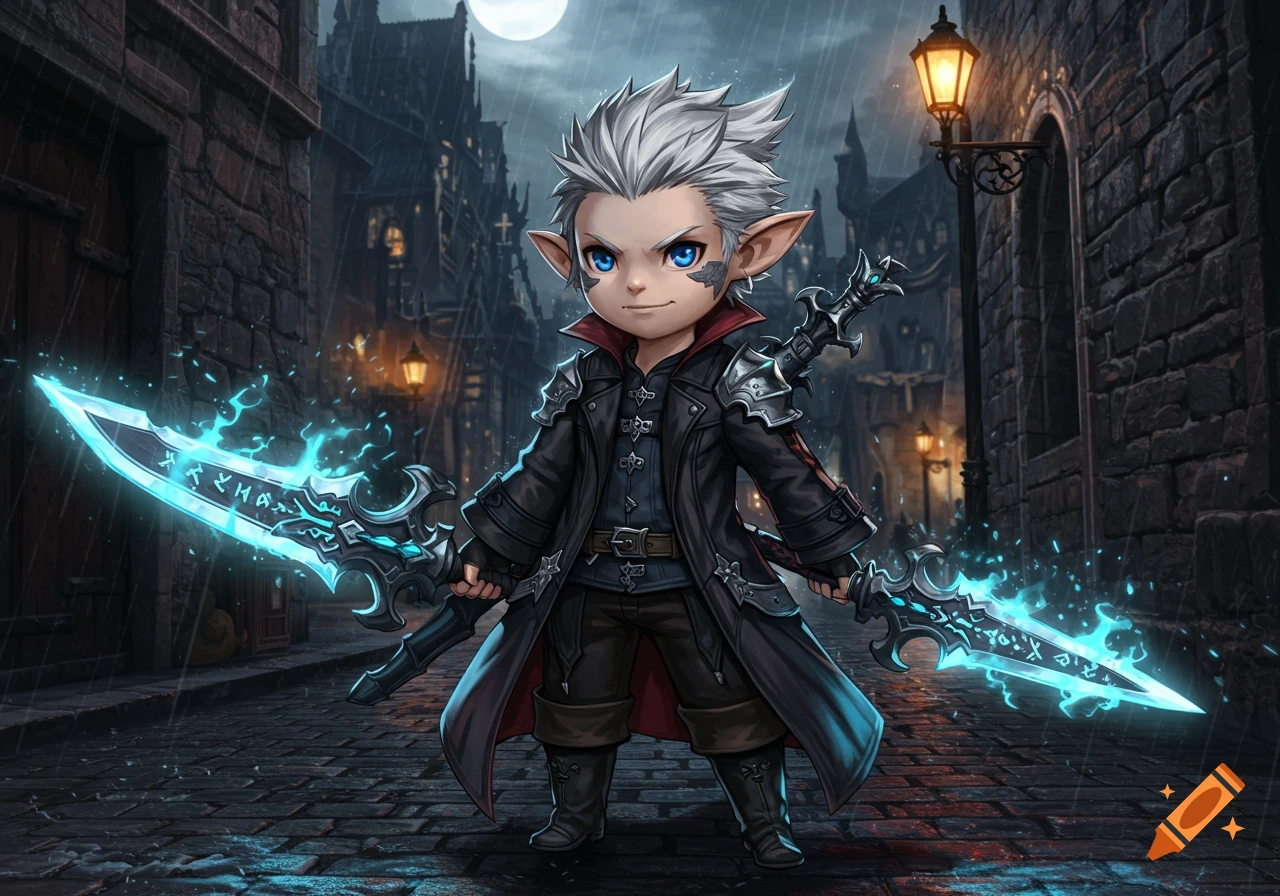 White-haired chibi elf boy in a black coat holding two glowing blue ...