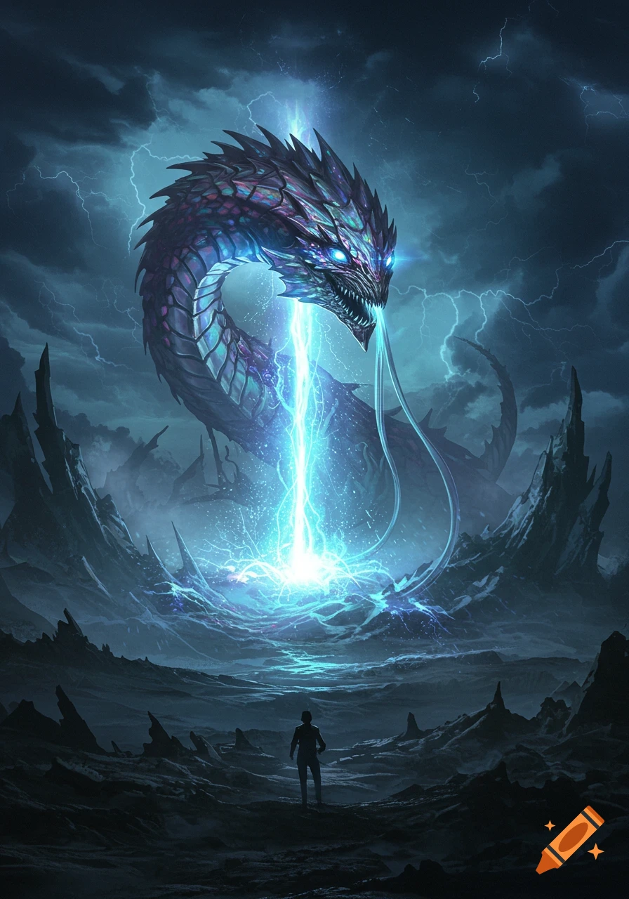 Giant iridescent serpentine beast emits a powerful blue energy beam ...