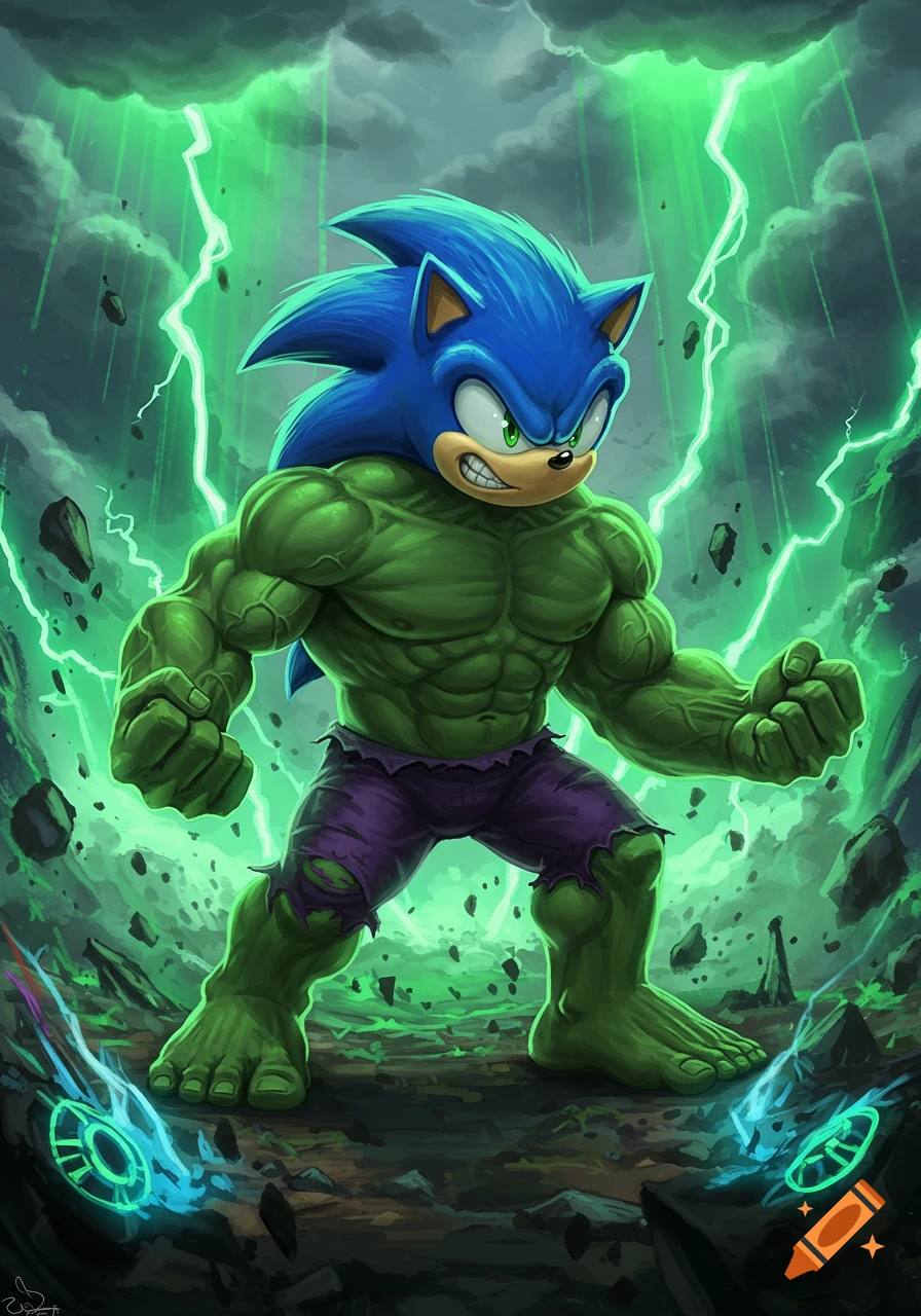 Sonic the Hedgehog with a muscular green body like the Hulk, wearing ...
