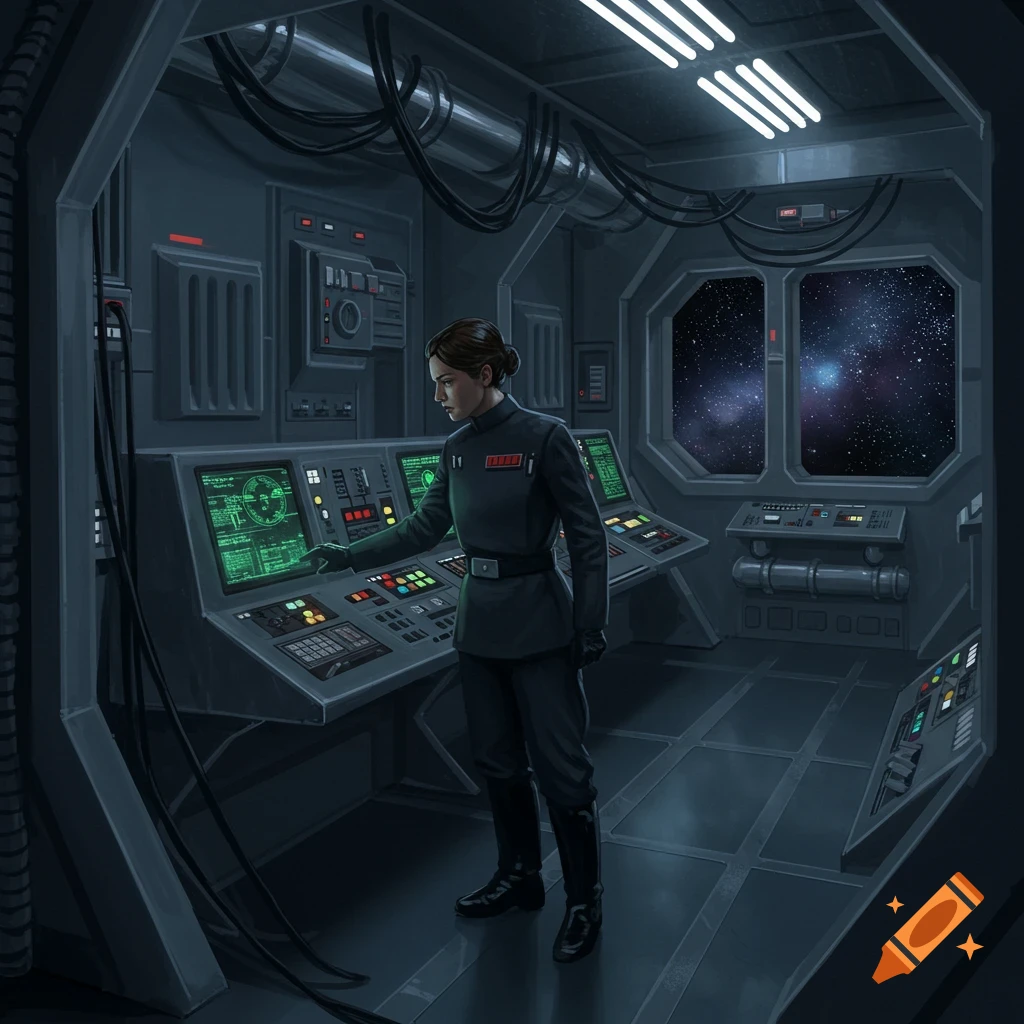 A Star Wars Imperial officer operates a glowing green control panel on ...