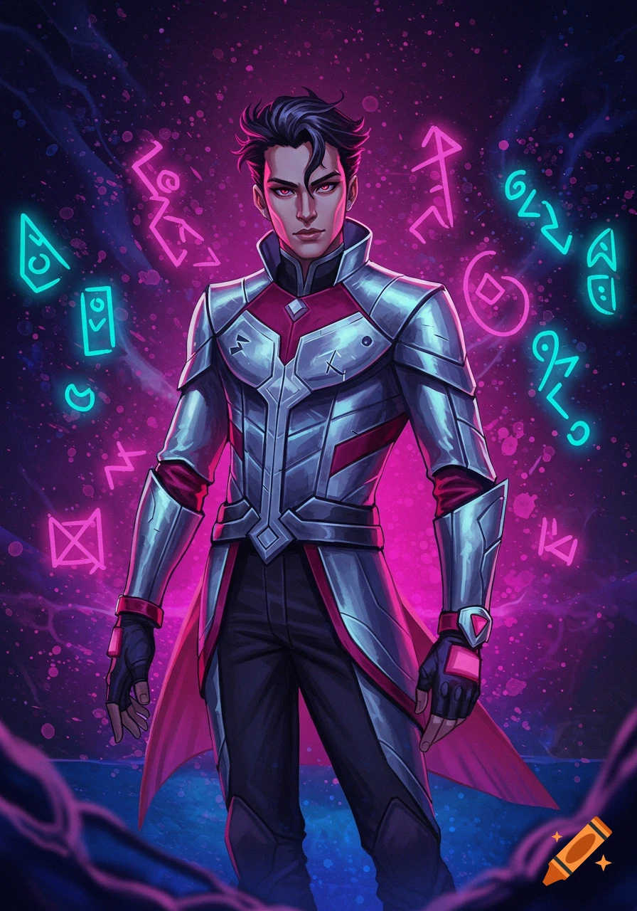 A cool-toned cartoon character with light hair, sharp eyes with black ...