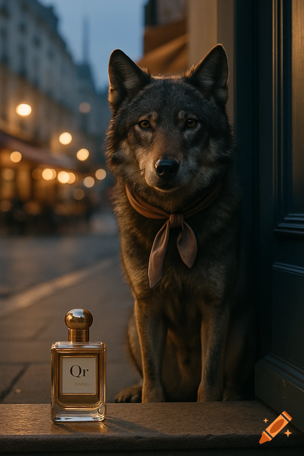 Photorealistic wolf with a scarf sits next to a perfume bottle on a ...