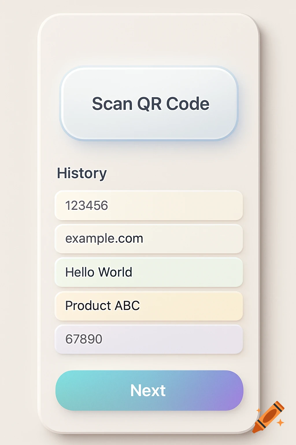 A modern mobile app screen mockup with a 'Scan QR Code' button, a ...