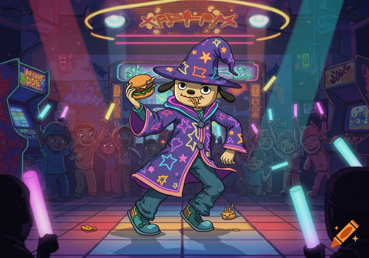 Cartoon character with bunny ears points at a large stopwatch in a ...