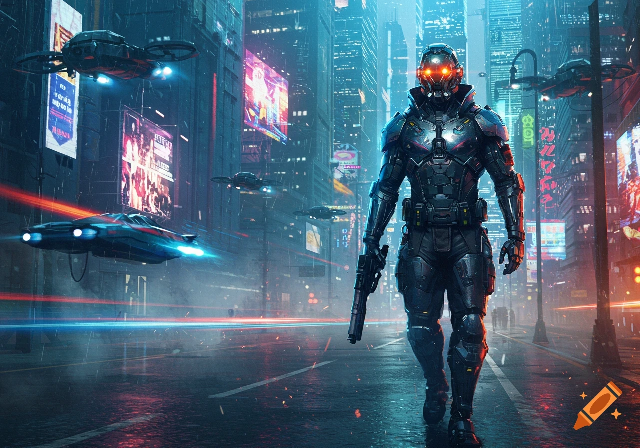 A man in sleek grey futuristic armor with glowing blue eyes stands in a ...