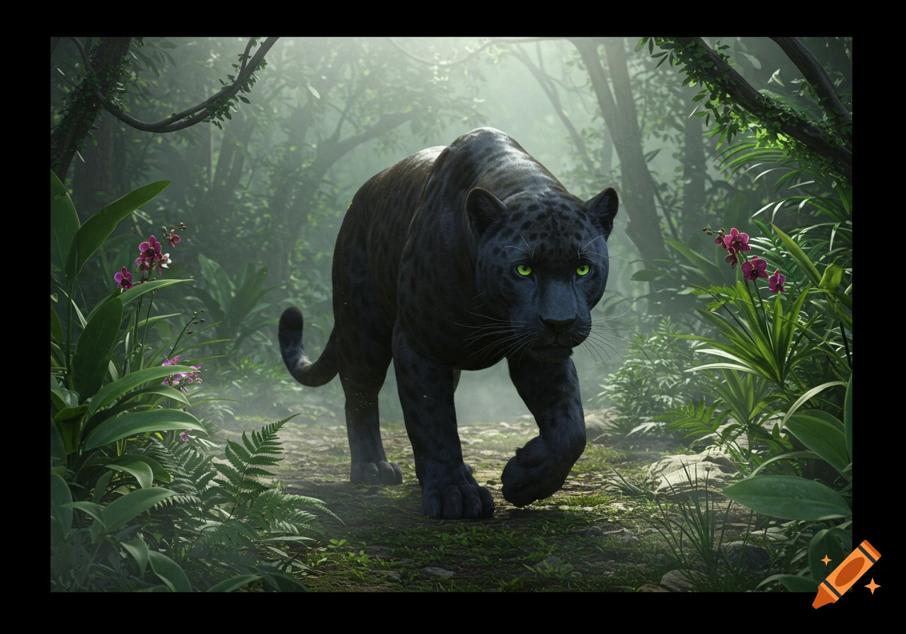 A black panther with glowing green eyes walks forward through a dark ...