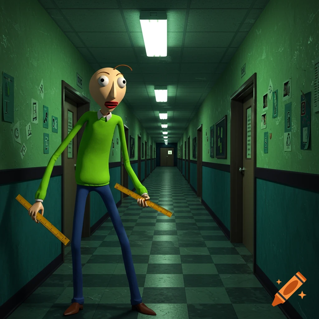 The character Baldi, a bald man with wide eyes and a green sweater ...