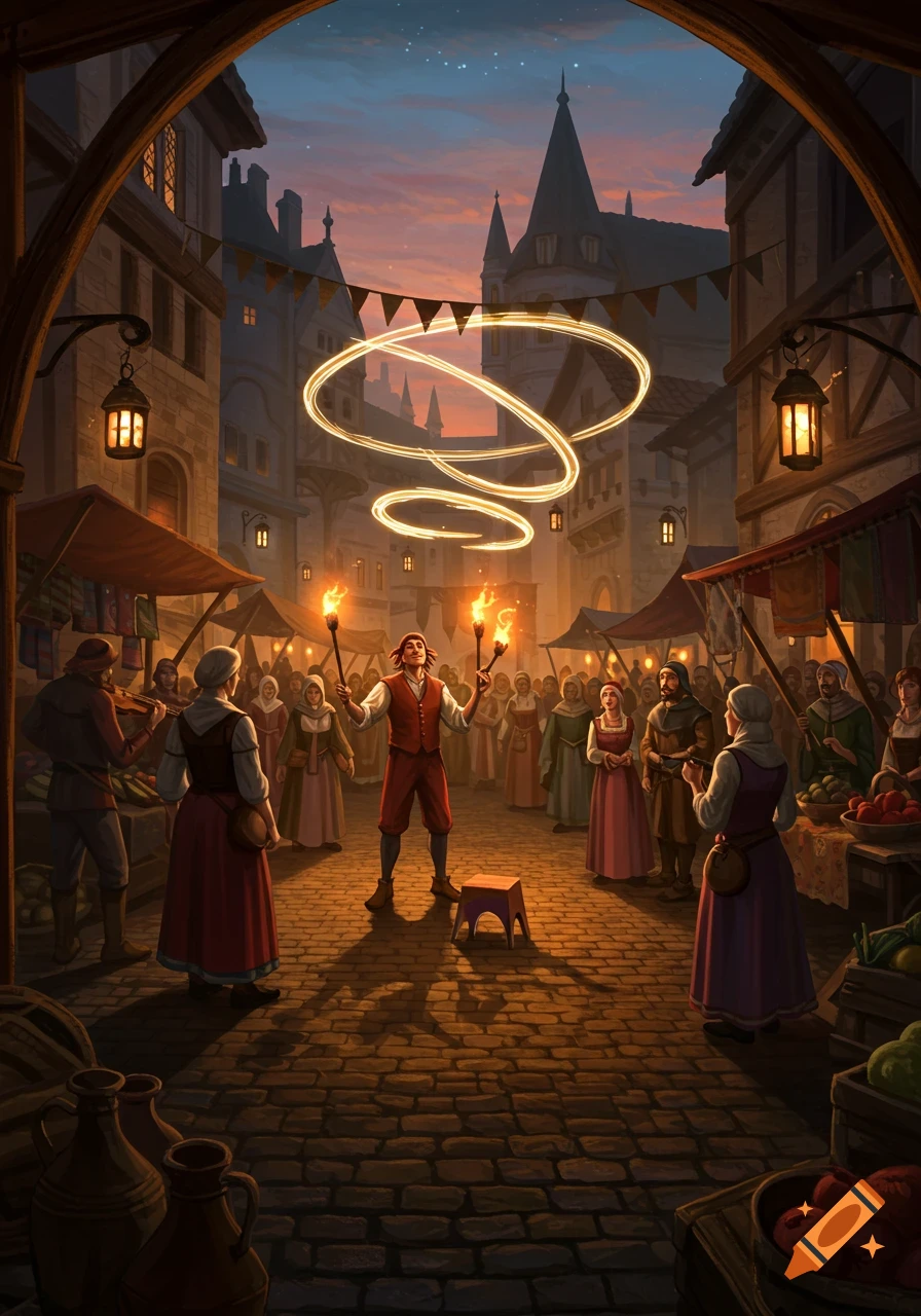 A street performer juggles fiery torches in a bustling medieval town ...