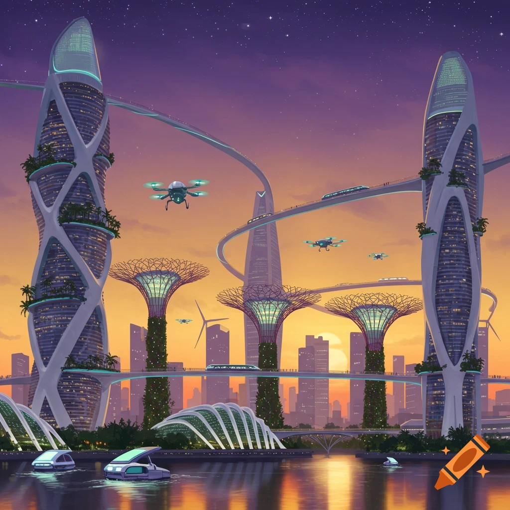Vibrant illustration of a futuristic cityscape at sunset, featuring ...