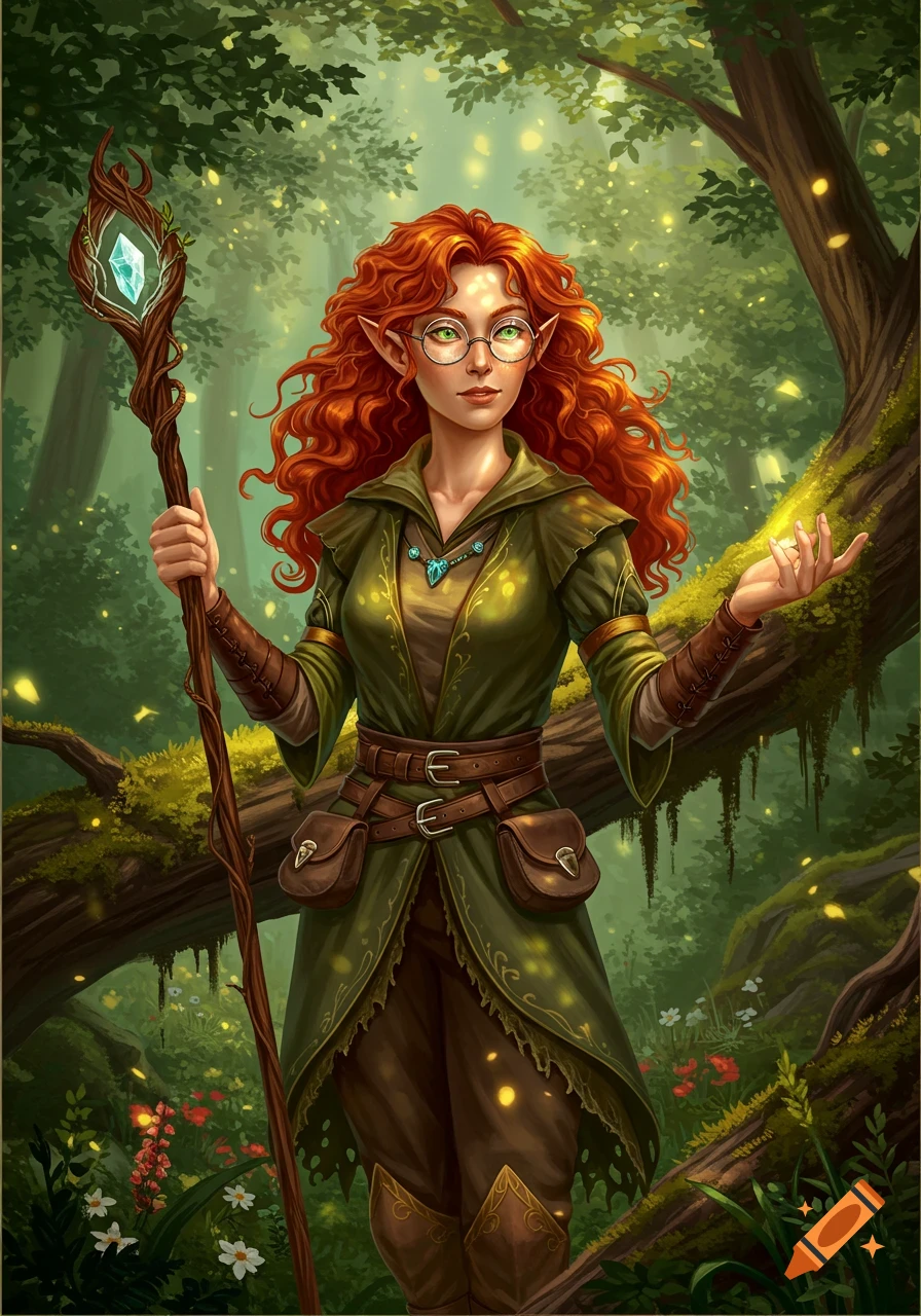 A red-haired female high elf druid with glasses holds a crystal-topped ...