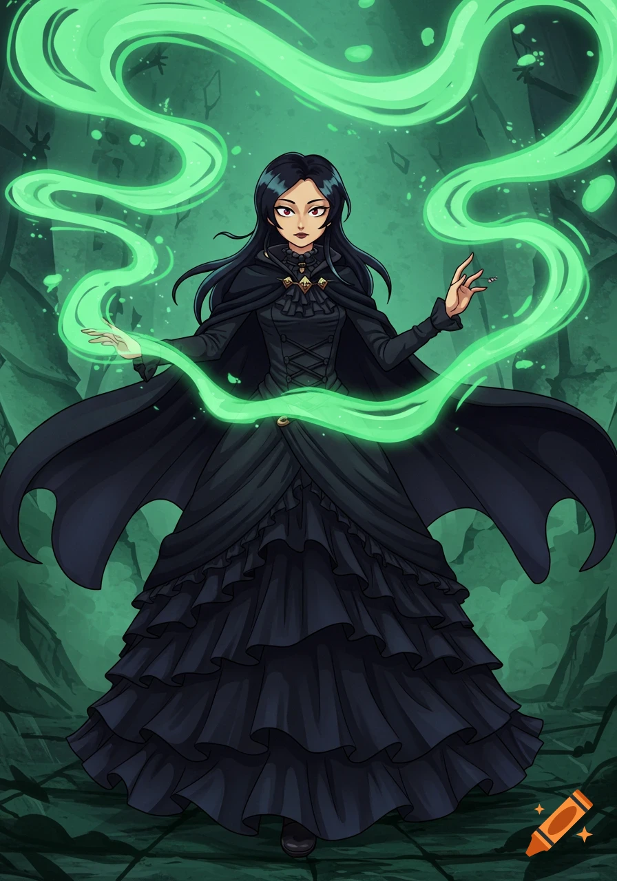 Anime sorceress in a black Victorian dress and cape conjuring vibrant ...