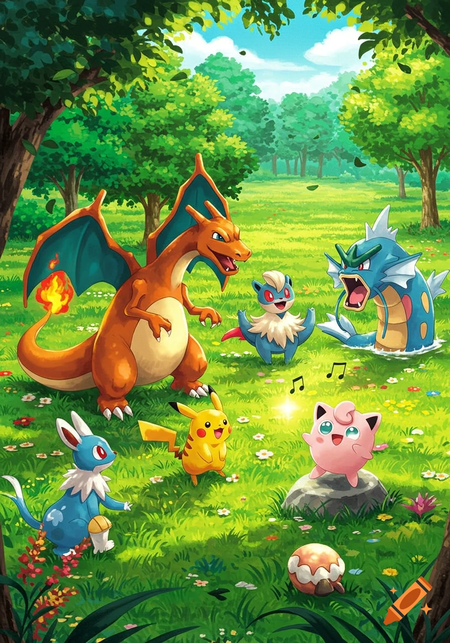 A colorful illustration of multiple Pokémon including Charizard ...