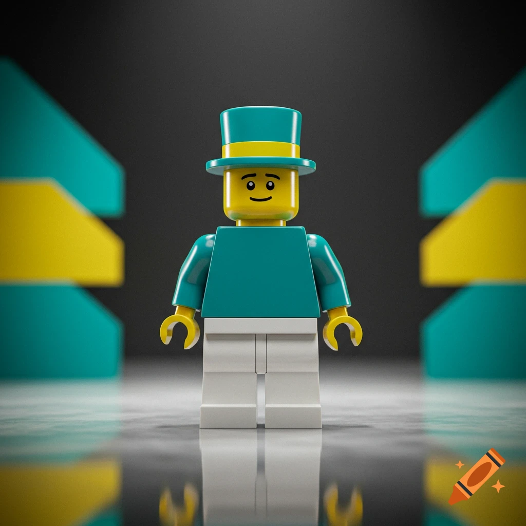 A Lego minifigure with a yellow head, teal shirt, white pants, yellow ...