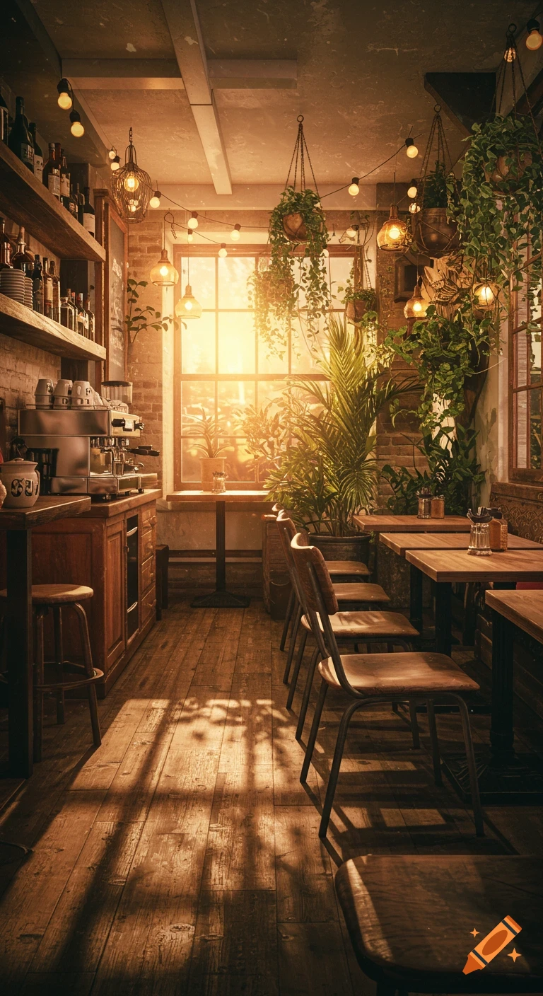 A cozy Bohemian cafe interior with warm sunlight, wooden furniture ...