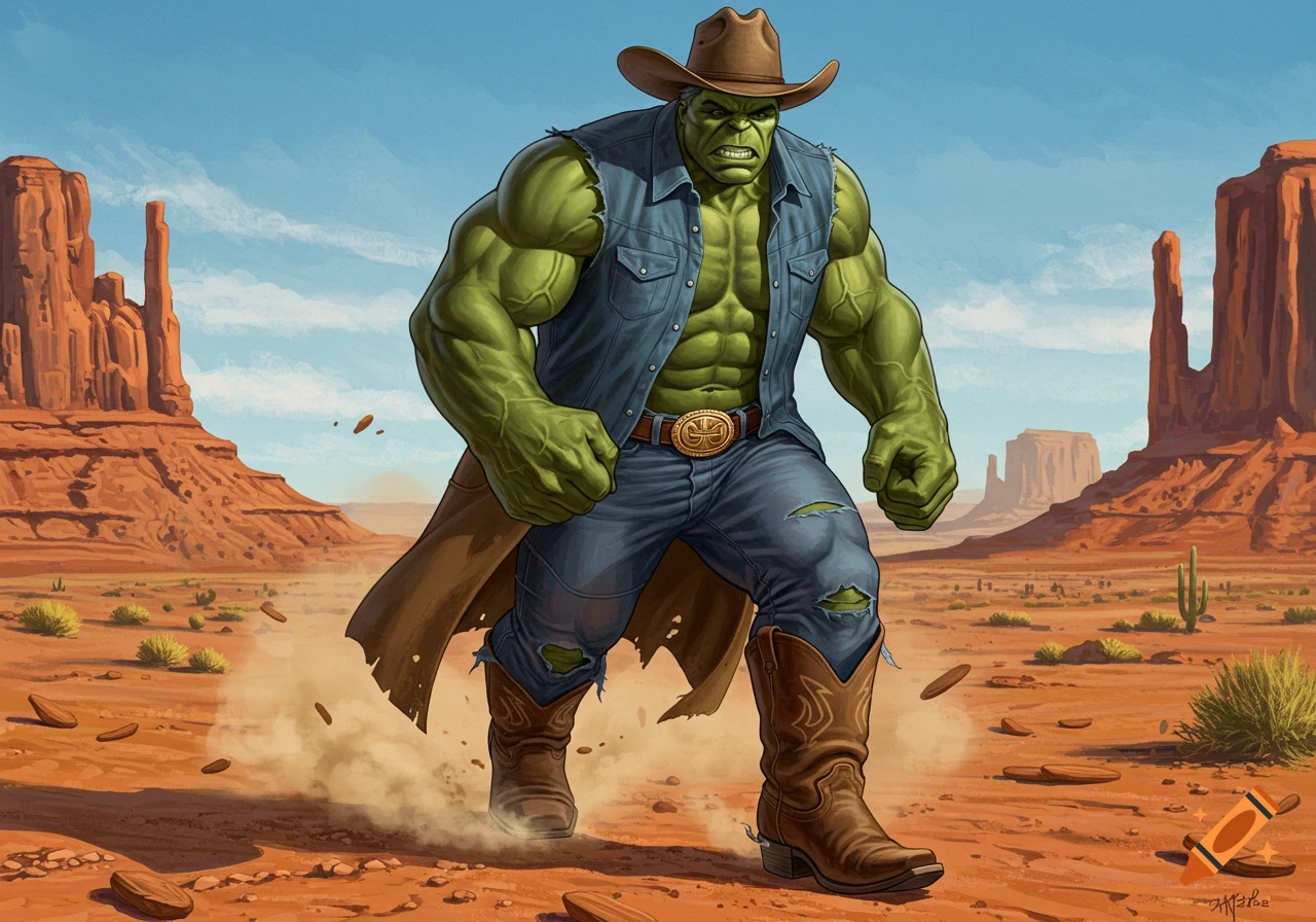 A muscular, rock-skinned character with green moss hair and a hat ...