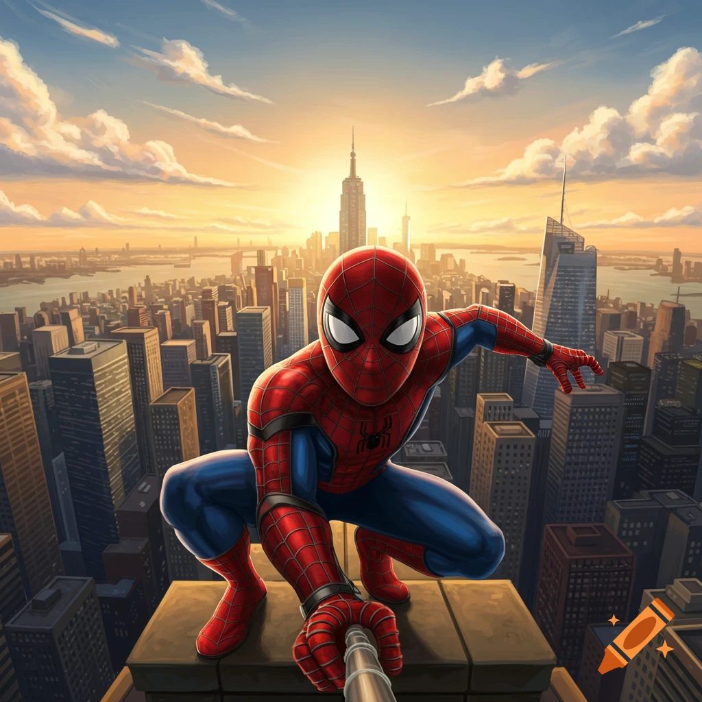 Deadpool holding katanas and Spider-Man crouching on a rooftop ...