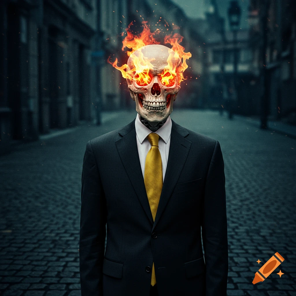 Photorealistic skeleton in a black suit and yellow tie, with fire eyes ...