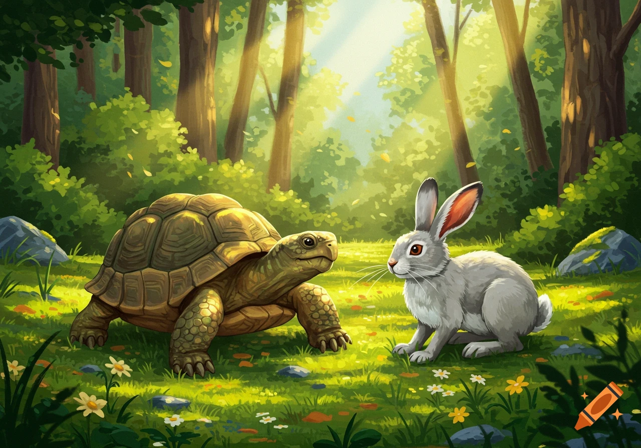 A cartoon tortoise and rabbit face each other in a sunny forest ...