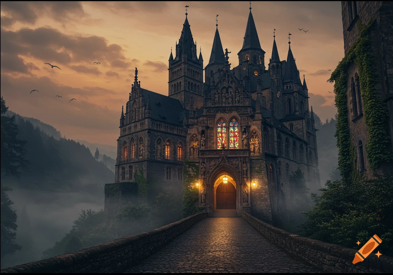 A dark gothic castle with illuminated stained glass windows and spires ...
