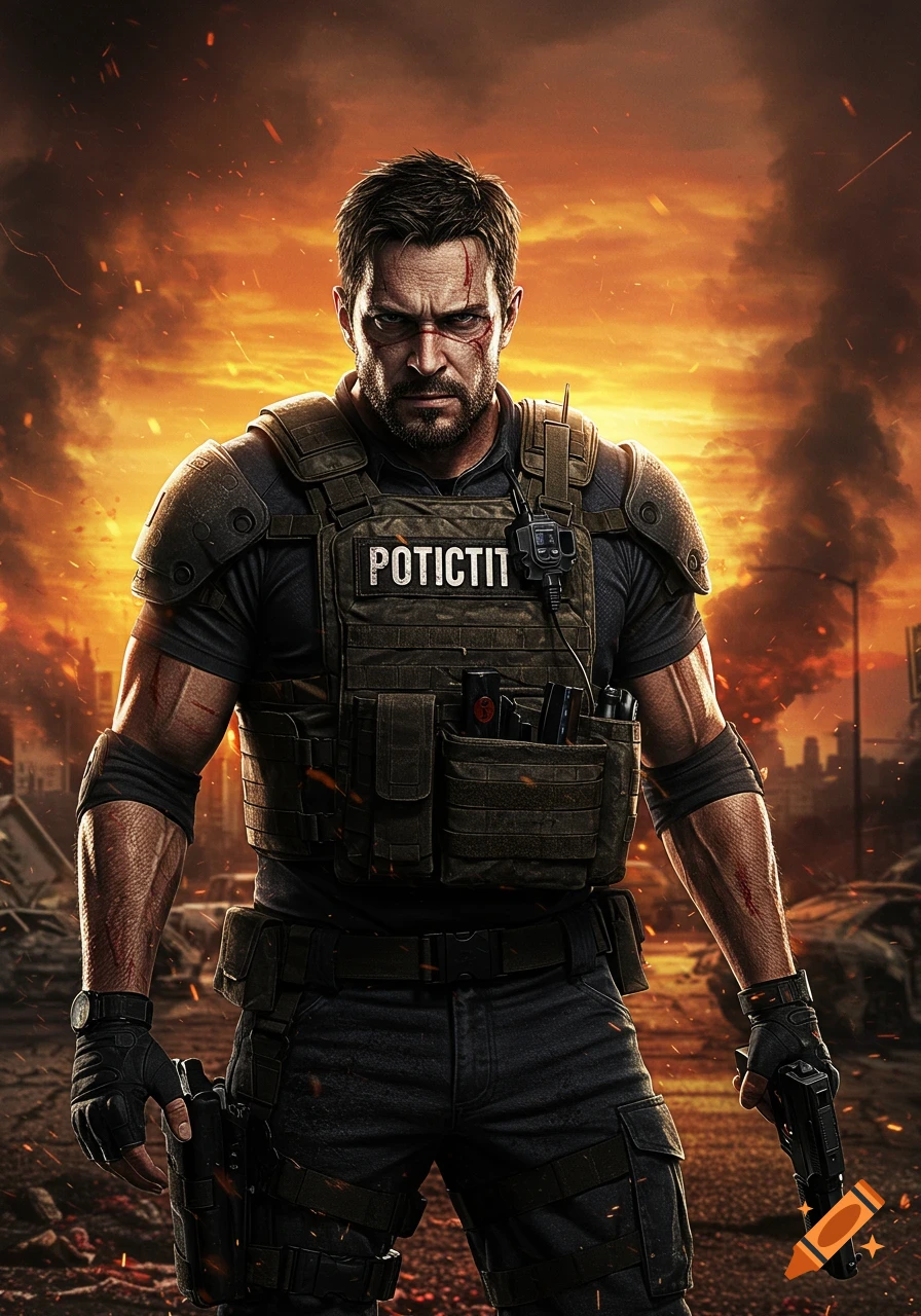 A tough, scarred man in tactical gear holds two pistols against a fiery ...