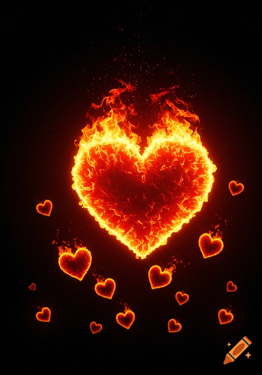 A large, vivid flaming heart glows brightly, surrounded by numerous ...
