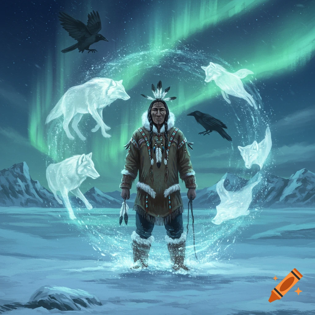 Fantasy art of a Yup'ik man in winter clothing, surrounded by spirit ...