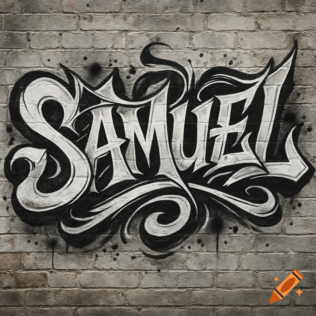 Black and white graffiti art of the name 'Samuel' on a brick wall. on ...