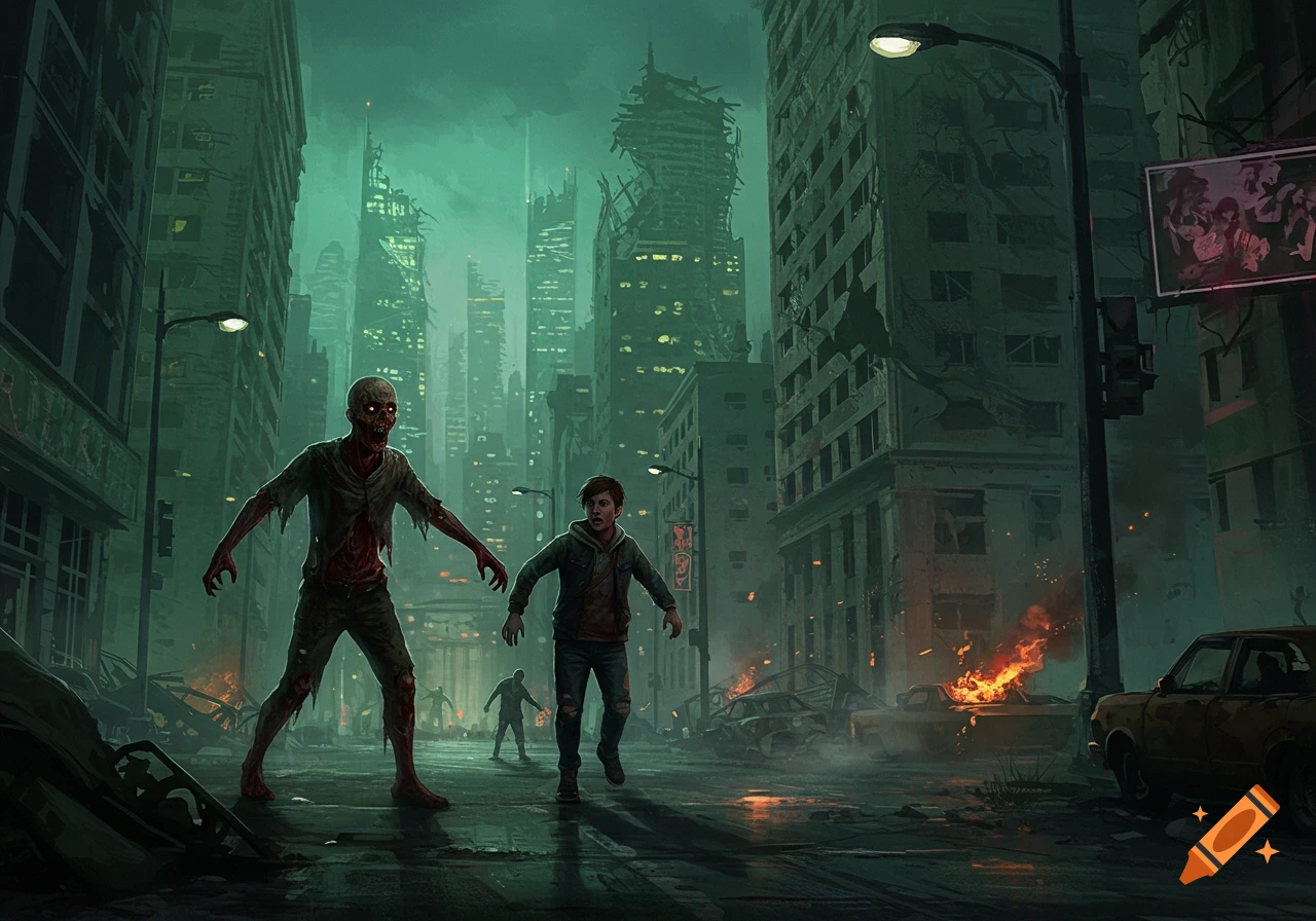 A scared boy runs from a zombie in a dark, ruined city with burning ...