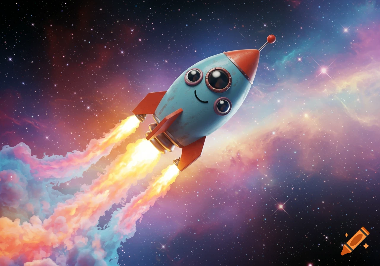 A cute cartoon rocket with a face, eyes, and a smile, flies through a ...