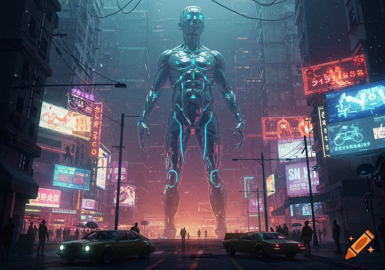 A solitary figure in a VR headset stands in a cyberpunk city under a ...