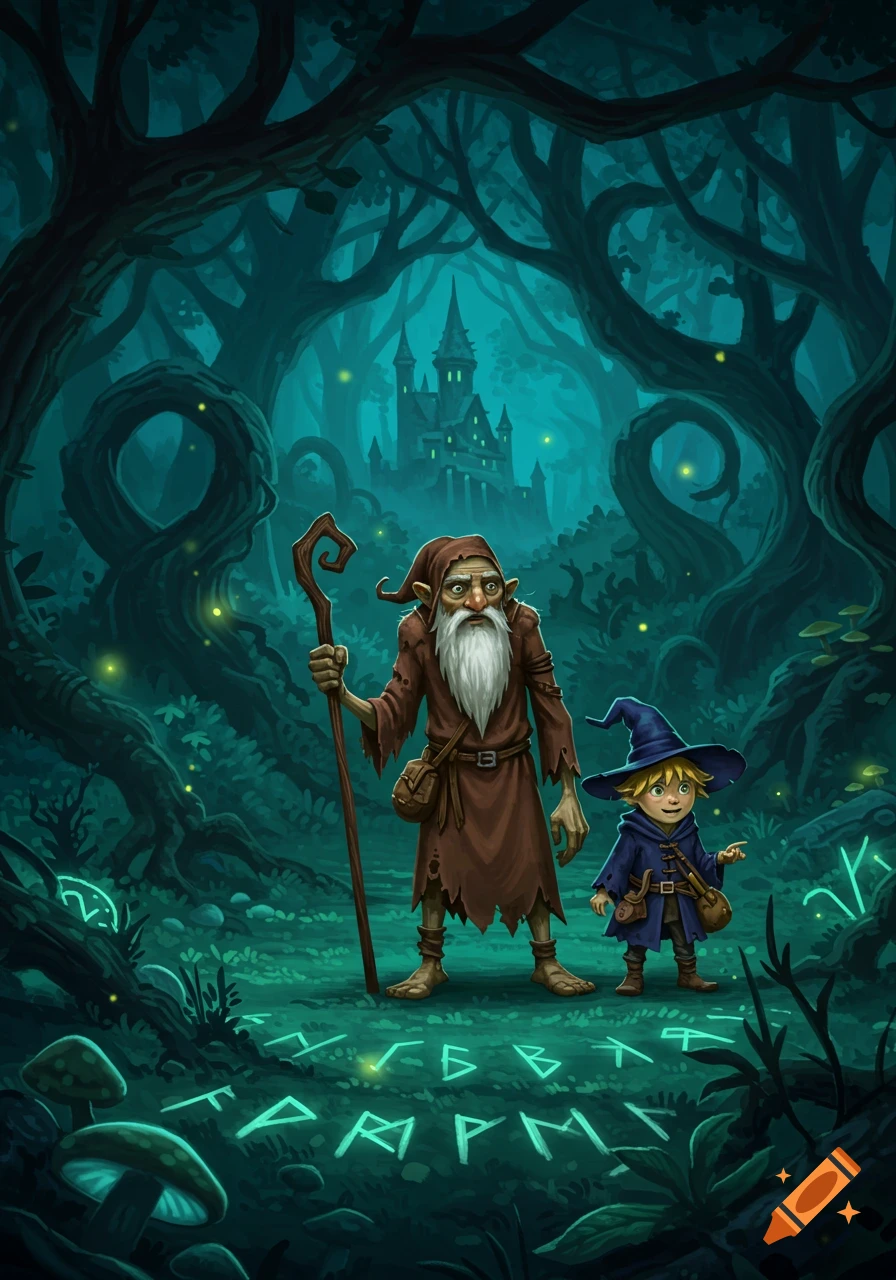 Cartoon fantasy illustration of an old wizard and a young boy wizard in ...
