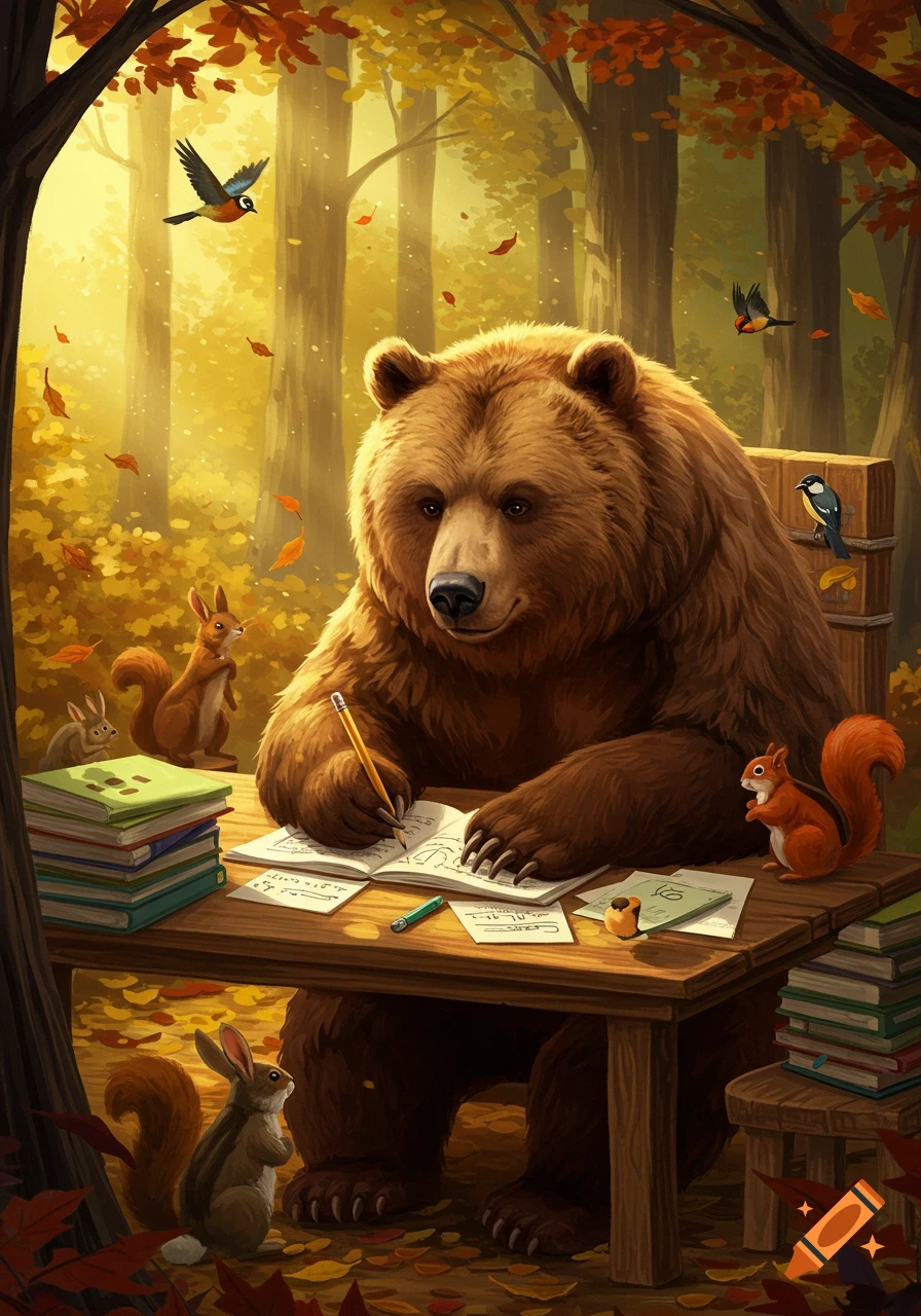 Whimsical illustration of a brown bear doing homework at a wooden desk ...