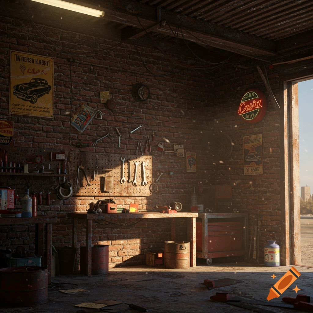 Photorealistic image of a rustic, old-school garage interior with brick ...
