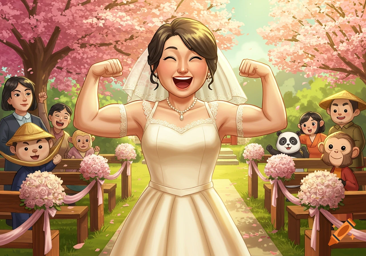 An East Asian couple walks arm-in-arm on a path under blooming pink ...