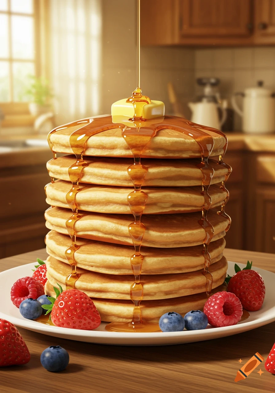 A tall stack of golden pancakes with melting butter and dripping syrup ...