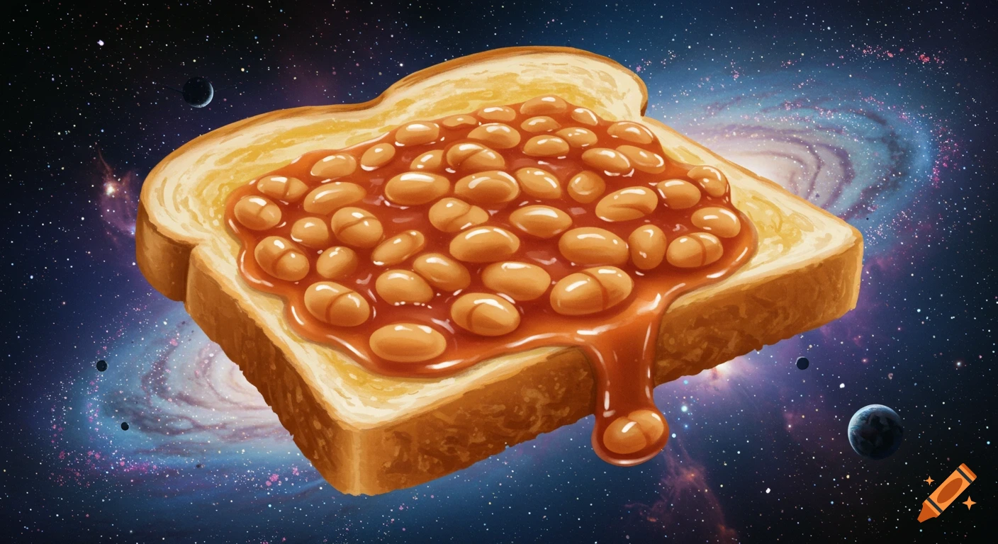 Baked beans on toast floating in the center of a galaxy, with planets ...