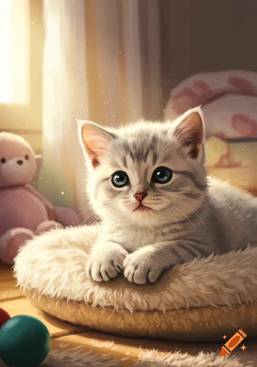 A fluffy orange tabby kitten with blue eyes and a white lightning bolt ...