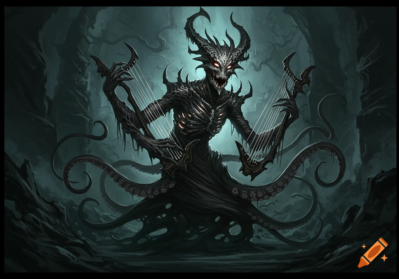A dark, horned monster with glowing red eyes and octopus tentacles ...