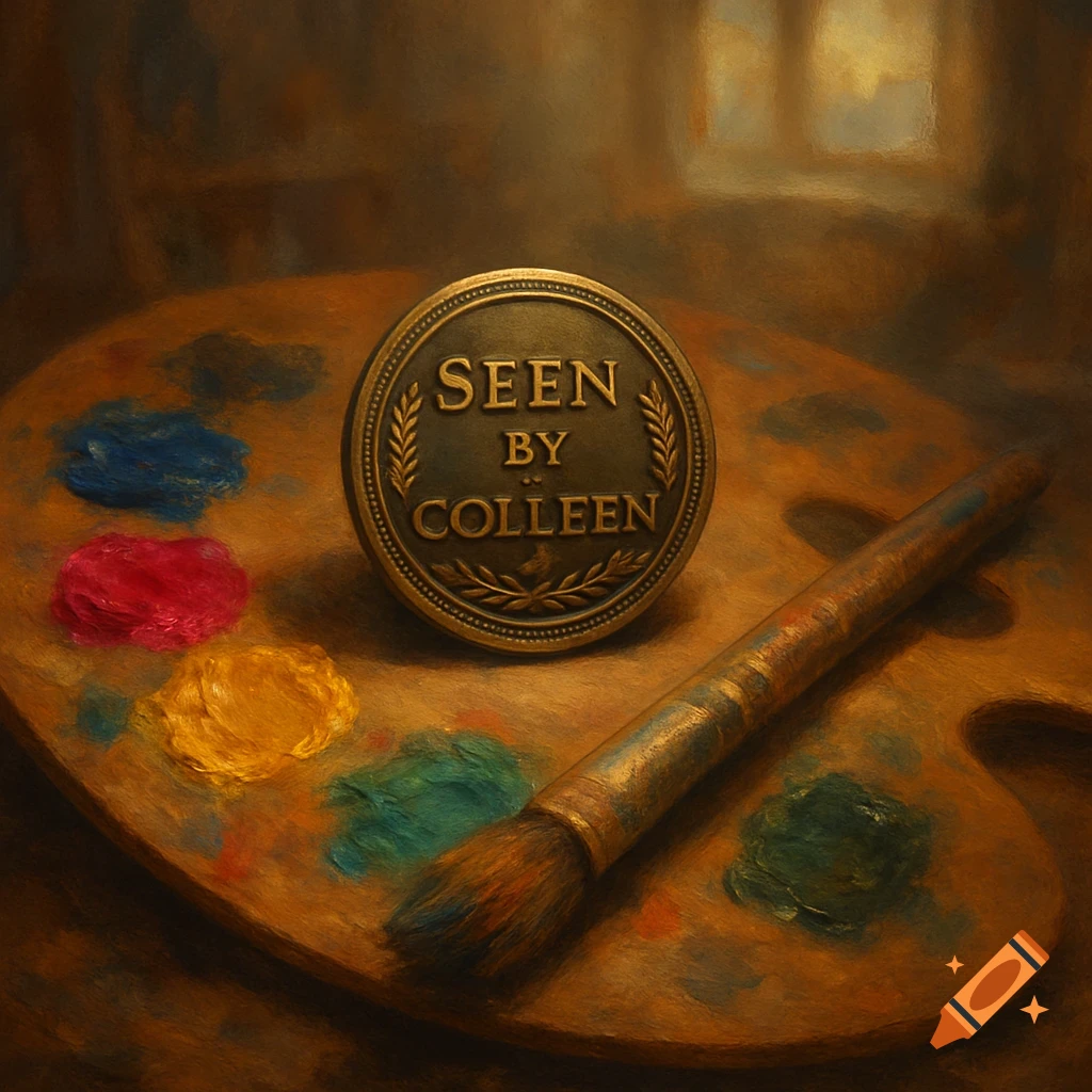 A bronze challenge coin with 'SEEN BY COLLEEN' text rests on an artist ...